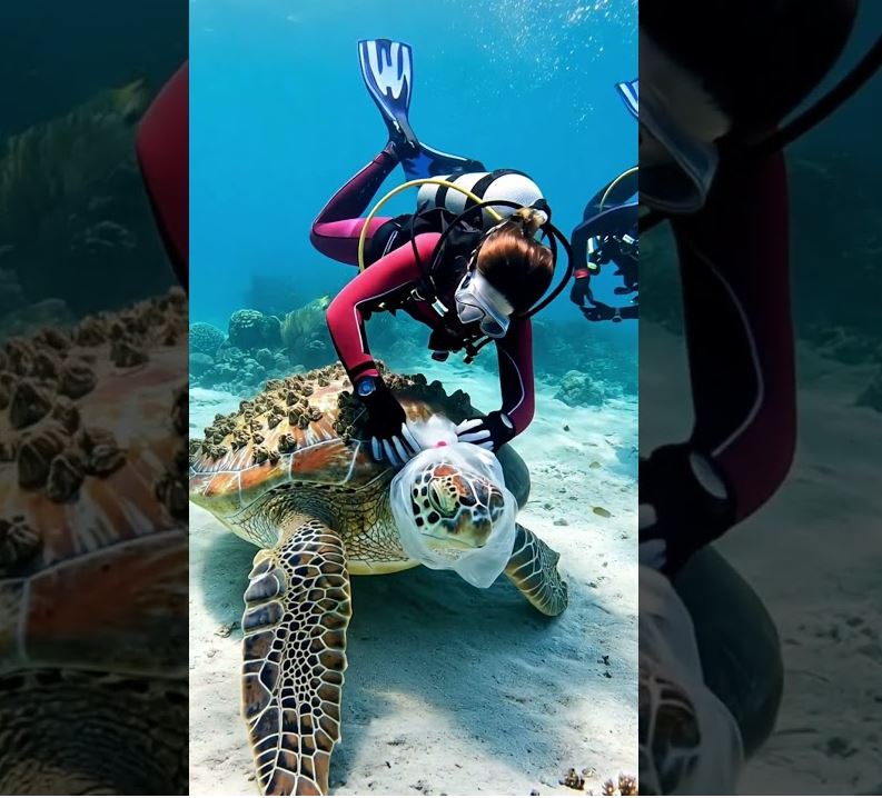 Epic Deep Sea Turtle Rescue by Female Scuba Divers Plastic Bag ...