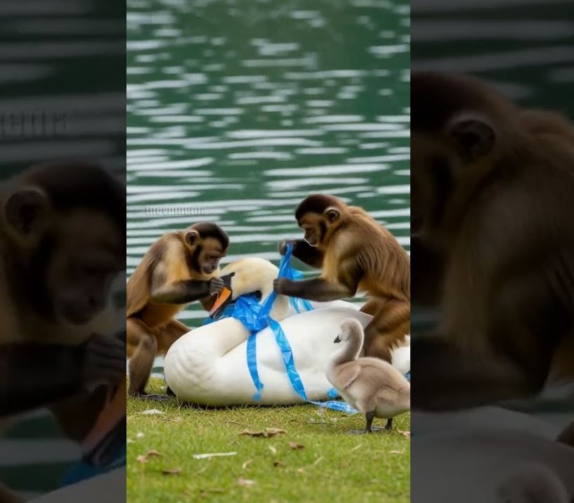 Monkeys Team Up To Save Swan From Plastic